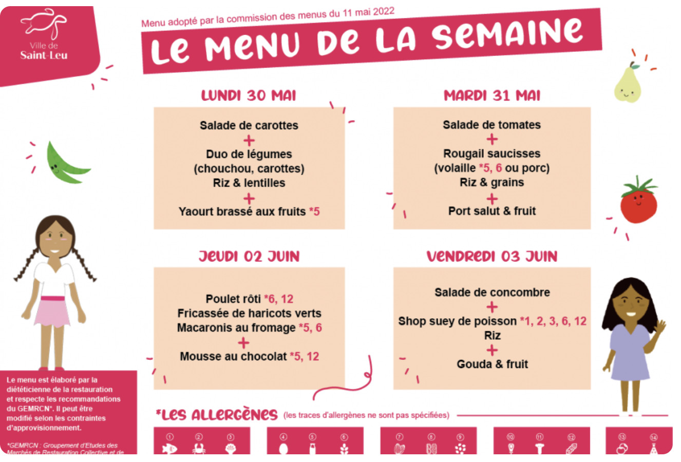 Restauration scolaire : menu du 30 mai au 3 juin