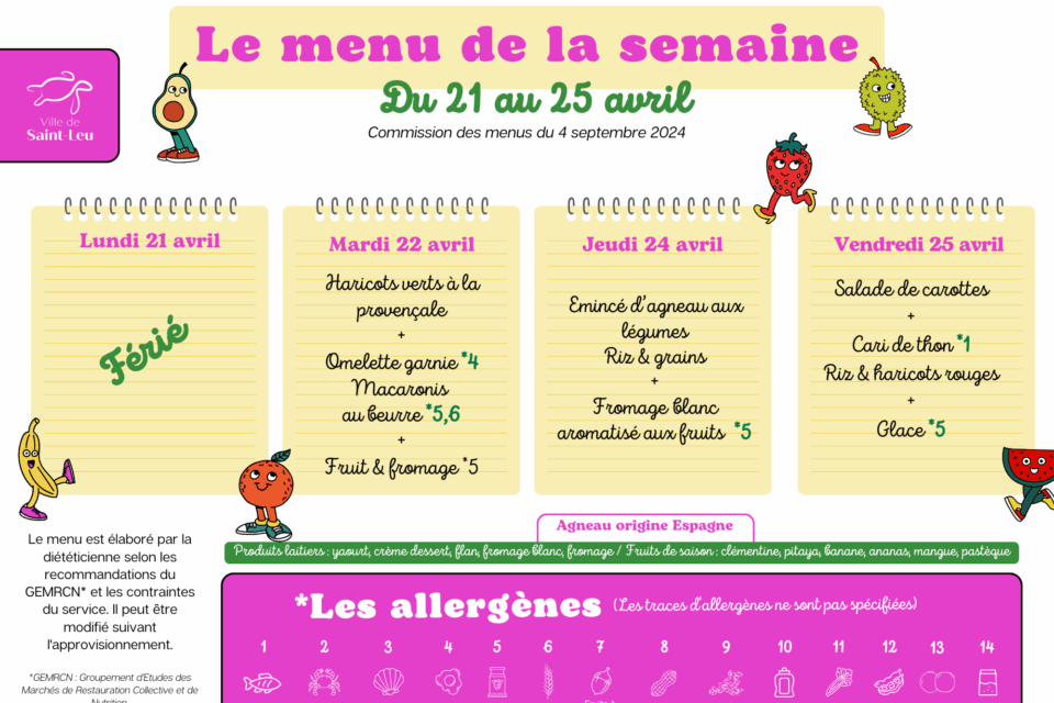 Restauration scolaire : menu du 21 au 25 avril 2025